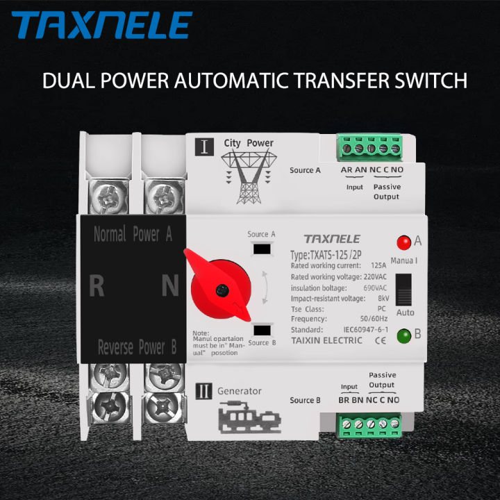 Single Phase Din Rail ATS 2P 63A 100A 125A Dual Power Automatic Transfer 220V Electrical ...
