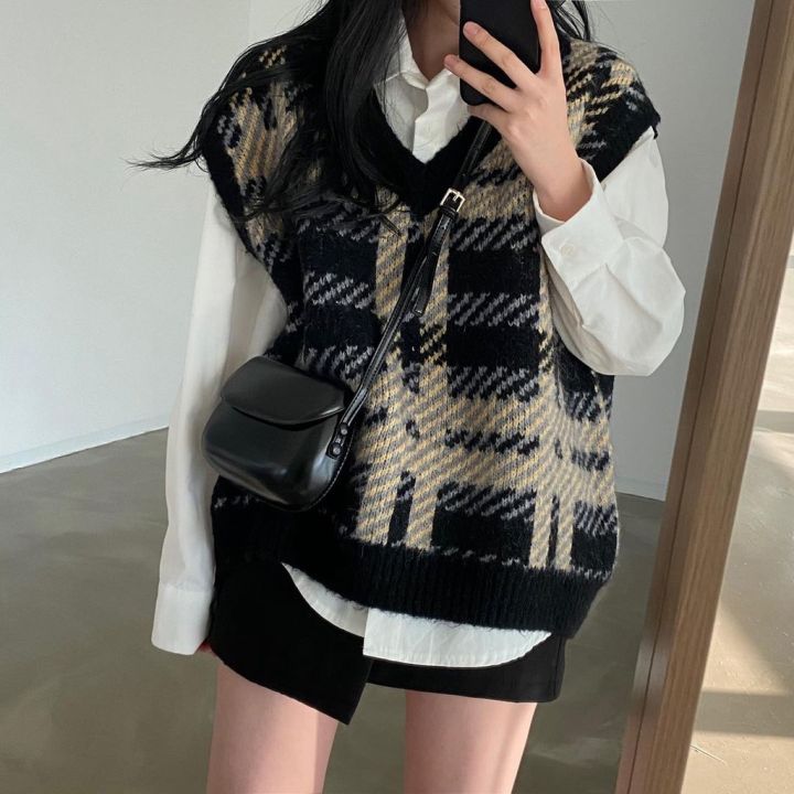 Korean style retro oversize plaid V-neck sleeveless vest for women ...