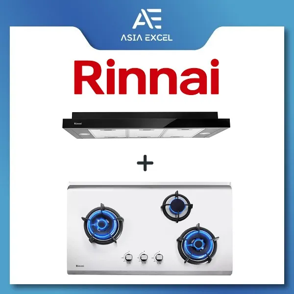 RINNAI RH-S329-PBR 90CM BLACK SLIMLINE HOOD + RINNAI RB-93US 3 BURNER STAINLESS STEEL GAS HOB ...