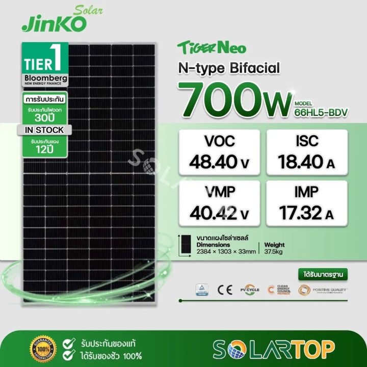แผงโซล่าเซลล์ Jinko 700W N-type BIFACIAL มีประกันแผงเสียหายระหว่างจัด ...