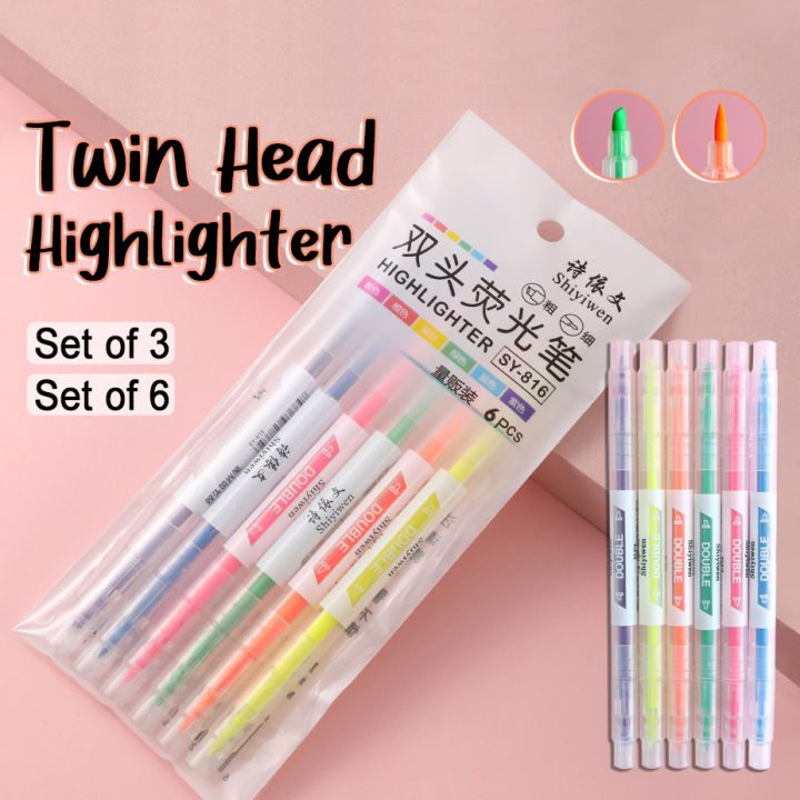 VC Art Twin Head Highlighter Set of 3/6 with Round Tip & Chisel Capsule ...