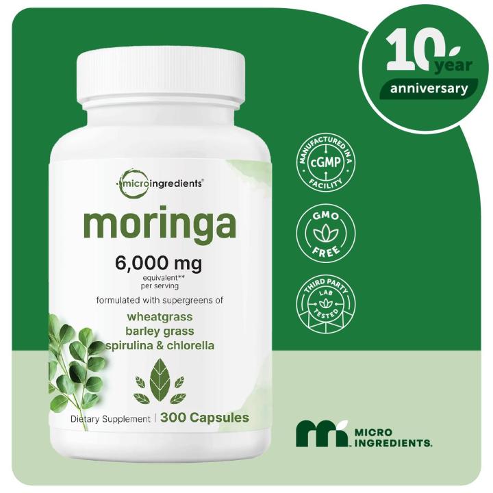 Moringa Oleifera 6,000mg Equivalent, 300 Capsules with Supergreens ...