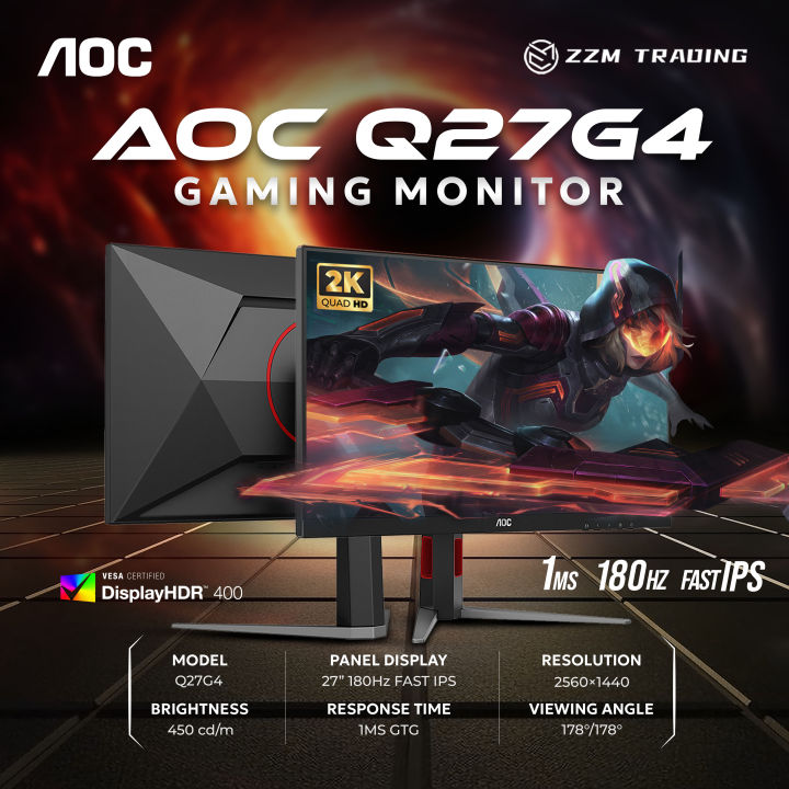 AOC Q27G4 27” Gaming Monitor fast IPS QHD 2560×1440 180Hz 1msGTG 1.07 ...