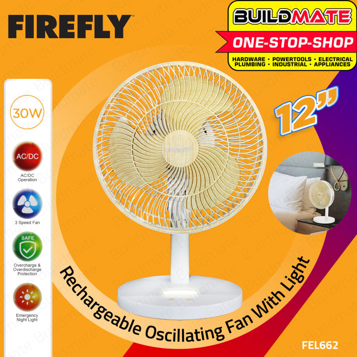 FIREFLY Rechargeable Oscillating Fan with Light Wood 12" FEL-662 ...
