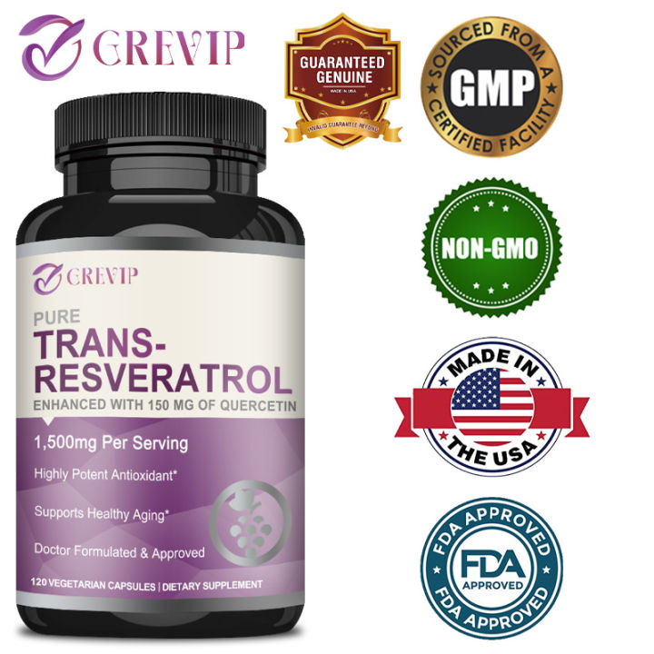 Grevip Pure Trans-Resveratrol 1,500MG Enhanced with Quercetin - Vegan ...