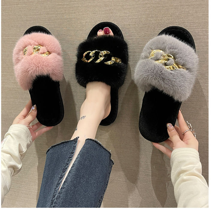 New style metal chain women's fashionable warm furry slippers | Lazada PH