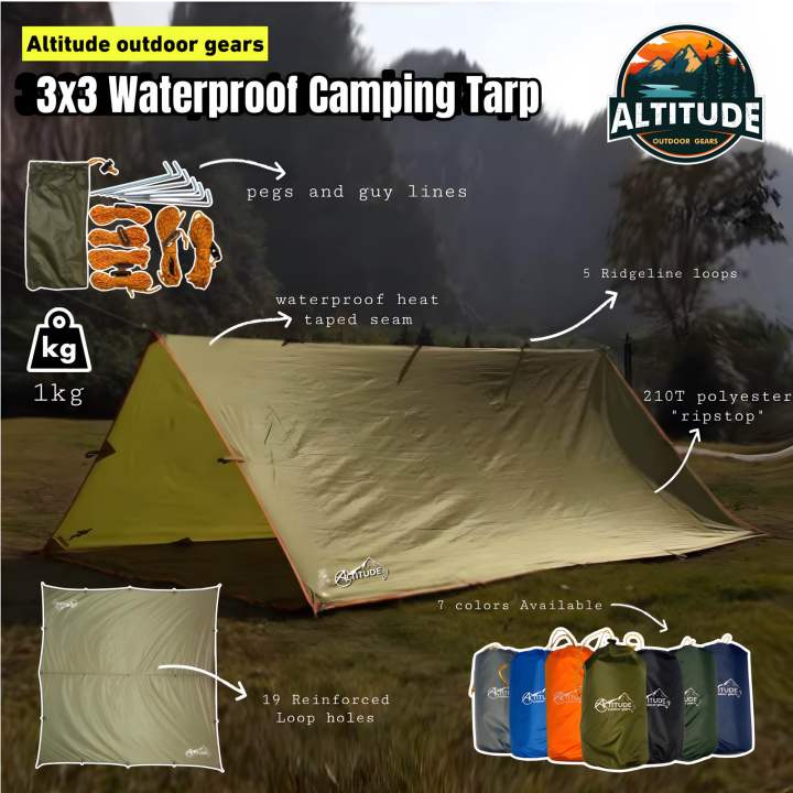 Altitude waterproof 3x3 camping tarp / hammock tarp 210T ripstop PU ...