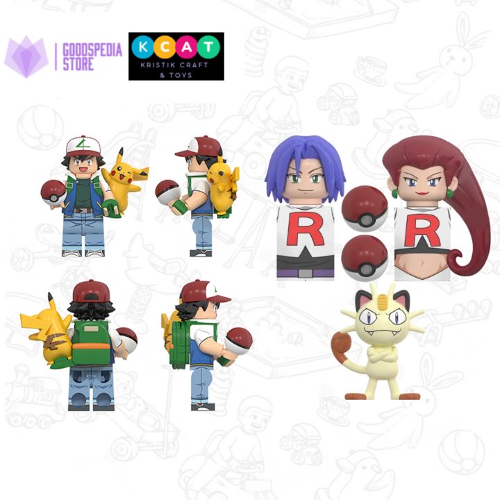 Figure balok susun Pokemon - Ash Ketchum + Pikachu James Jesse Meowth ...