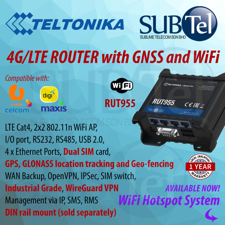 Teltonika RUT955 LTE 4G 3G 2G Automotive Router Modem with WiFi AP ...