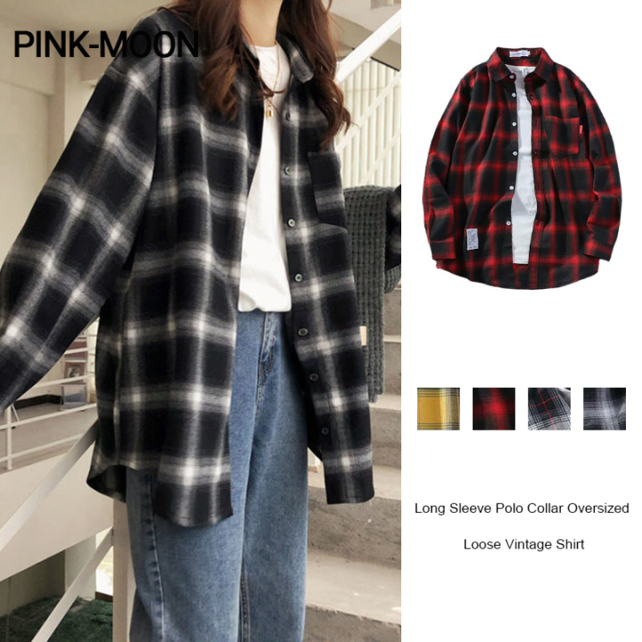 PM Plaid Long Sleeves Polo Collar Unisex Checkered Blouse Oversize ...