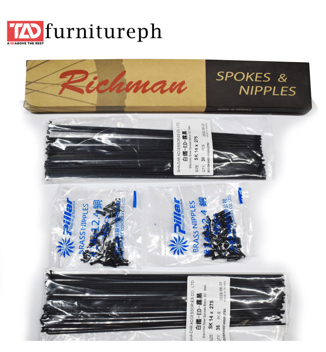 TAD Double Butted Spokes Richman 14g x 72 pcs Matt Black Stainless with ...