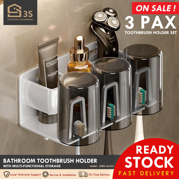 [3S FURNITURE] Wall-Mounted Aluminium Toothbrush Holder With Toothpaste ...