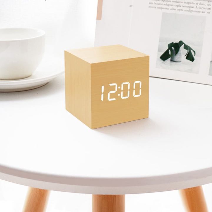 Digital Mini Size Wooden Cube Alarm Clock with Led, Temperature, and ...