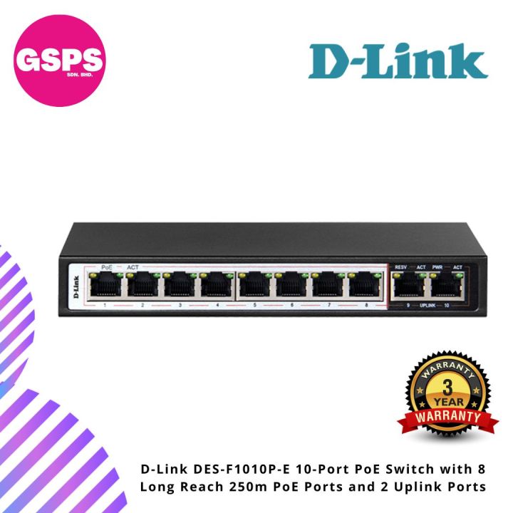 D-Link DES-F1010P-E 10-Port PoE Switch with 8 Long Reach 250m PoE Ports ...