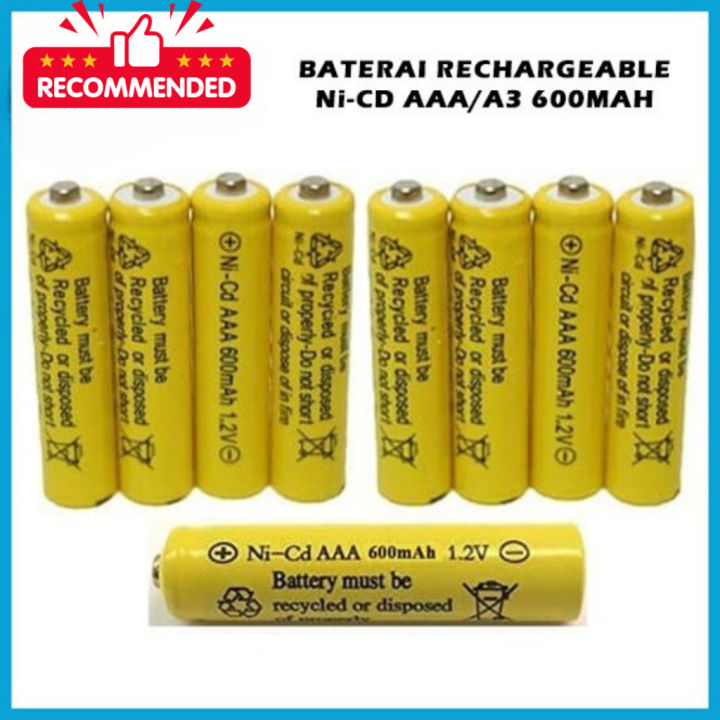 Battery Rechargeable AAA Ni-Cd Baterai Isi Ulang A3 600Mah Batre ...
