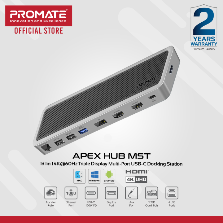 Promate ApexHub-MST 13 in 1 4K 60Hz Triple Display Multi-Port USB-C ...