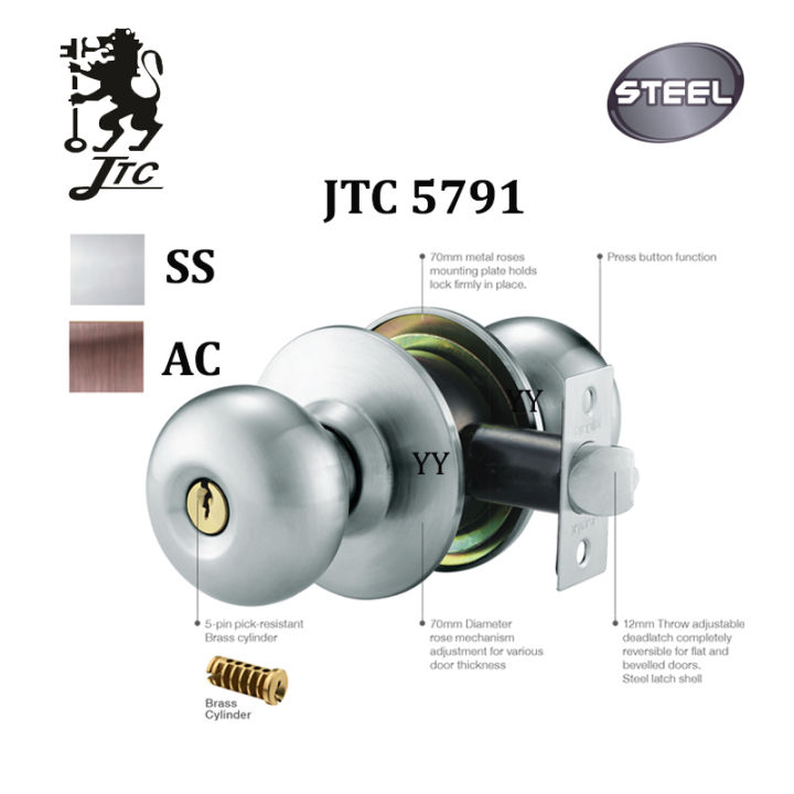 YY DiY 5791SS/AC JTC Entrance Office Cylindrical Door Lock | Lazada