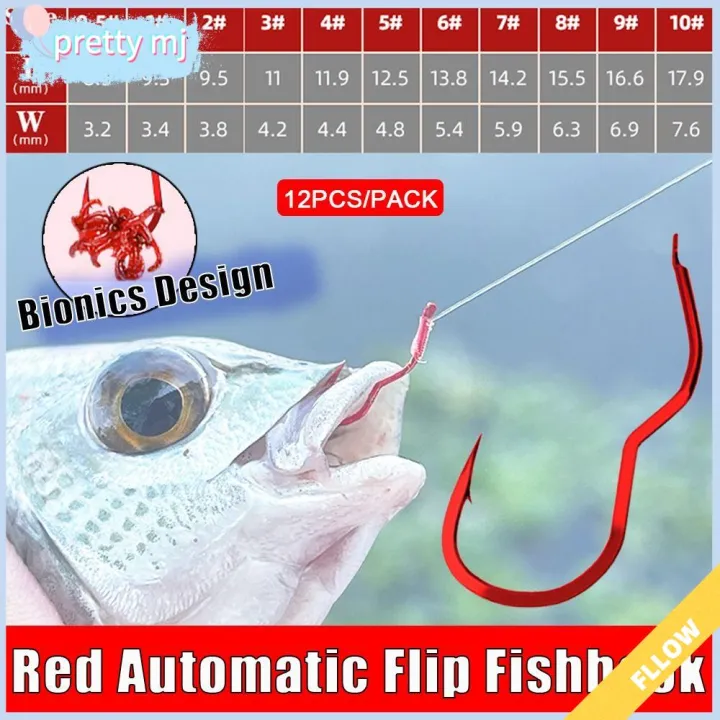 PRETTY MJ 12Pcs/Pack คมคมหนาม ตะขอตกปลาสีแดง เหล็กกล้าคาร์บอนสูง ป้องกันการลื่น เบ็ดตกปลาพลิก ...