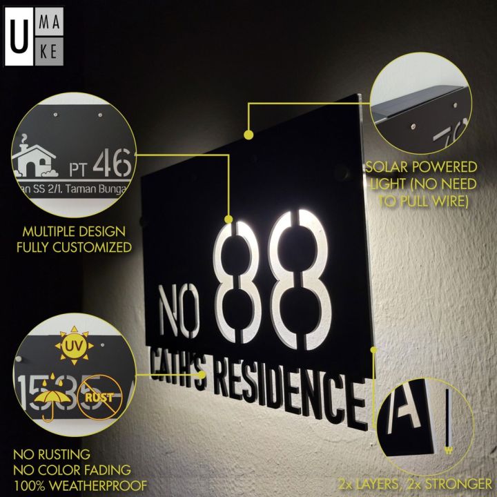 (Solar + LED) Modern Solar House Number & Address Sign Plate Tanda ...