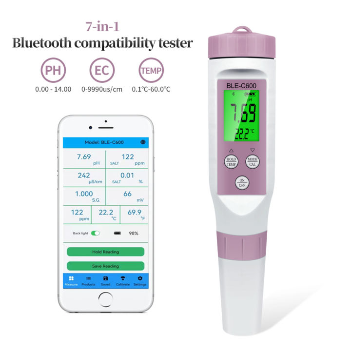 เครื่องวัดค่า PH 7ใน1ตัวทดสอบคุณภาพน้ำ PH ORP EC TDS Salt S.G Temp Bluetooth PH Meter น้ำดื่ม ...