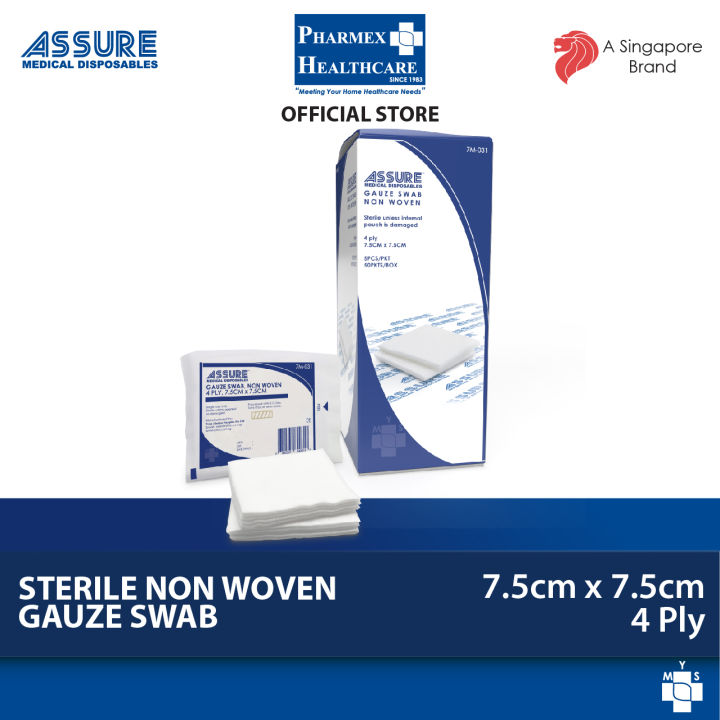 ASSURE Gauze Swab Non-Woven Sterile 7.5cm x 7.5cm x 4-Ply, 5Pc/Pkt ...