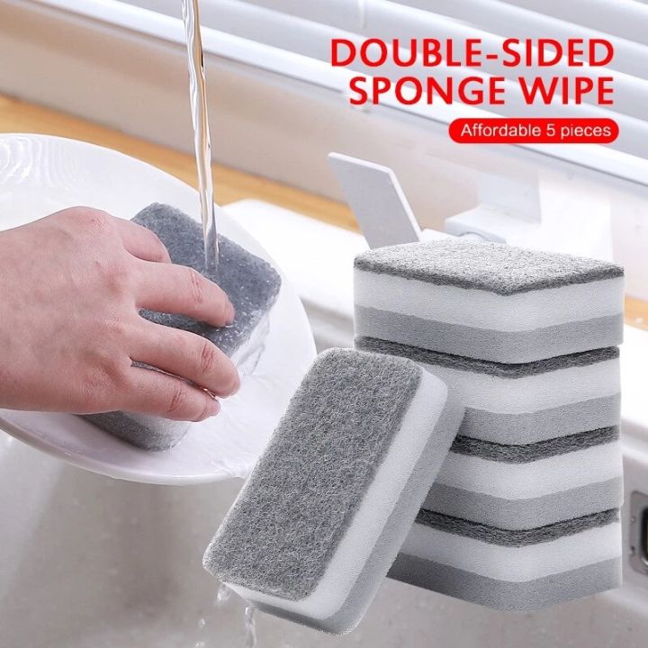 5pcs Double-Sided Sponge Scrub Pot To Wash Dishes Magic Wipe Kitchen ...