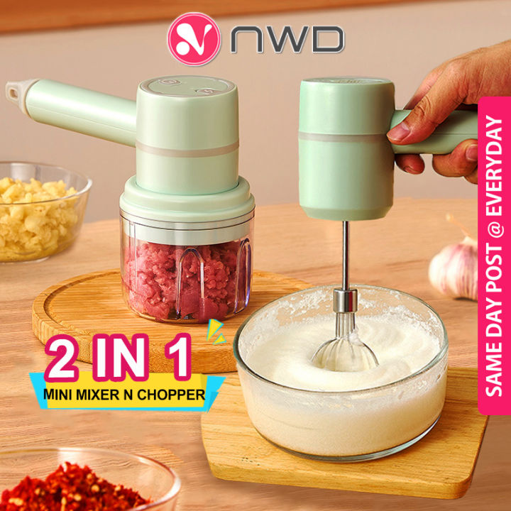 𝟯 𝗦𝗣𝗘𝗘𝗗𝗦 》2 In 1 Electric Egg Beater Mixer Wireless Garlic Food Chopper ...