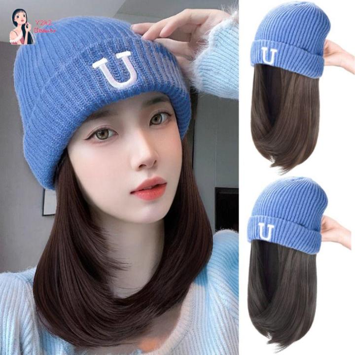 Y2K2 หมวกวิกผมผู้หญิง สังเคราะห์สังเคราะห์สังเคราะห์ วิกผมหมวกถัก อบอุ่นและอบอุ่น สีฟ้าสีฟ้า วิก ...