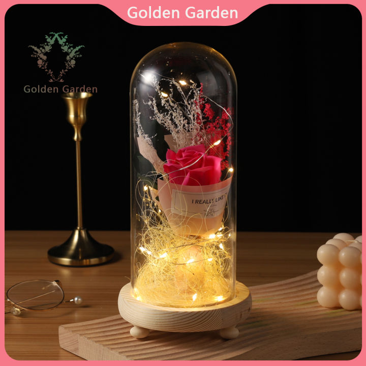 eternal rose with led light in glass dome on wooden gift real flowers ...