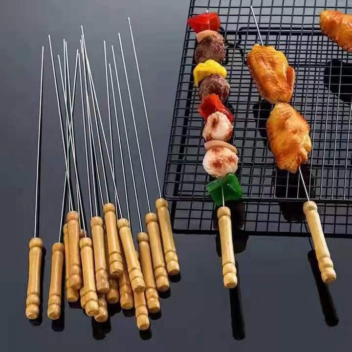 Stainless Steel Wooden Handle BBQ Stick Barbecue Skewer Meat Vegetable ...