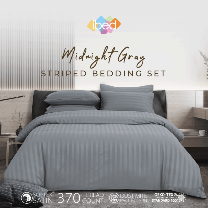 ibed ชุดผ้าปูที่นอน ครบเซ็ท Softex Satin (ลายริ้ว) Midnight Gray 3.5 ฟุต,5 ฟุต,6 ฟุต - STRIPED ...