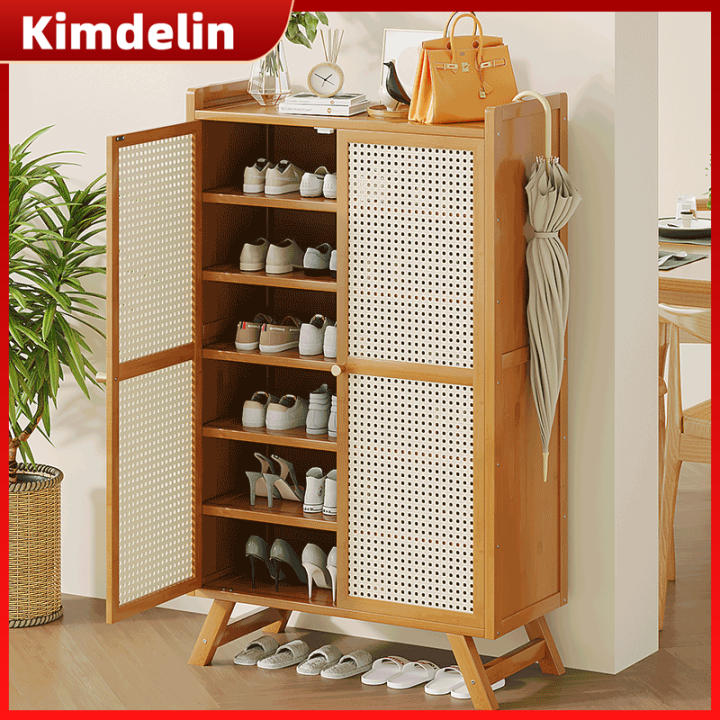 KIMDELIN 7 Layers Shoe Cabinet Wooden Door With Cover Rattan / Shoe ...