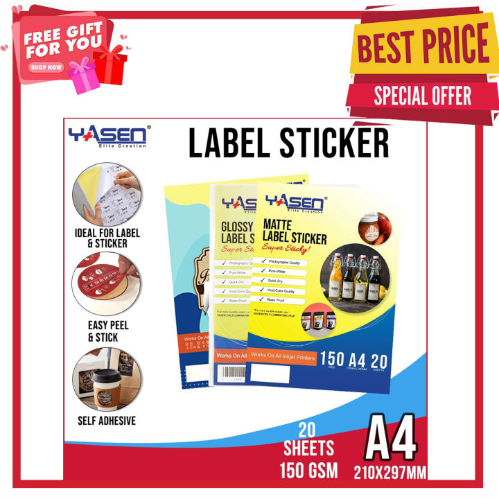 Label Sticker (Printable) Yasen A4 Glossy | Matte 150 GSM A4 (20 sheets ...