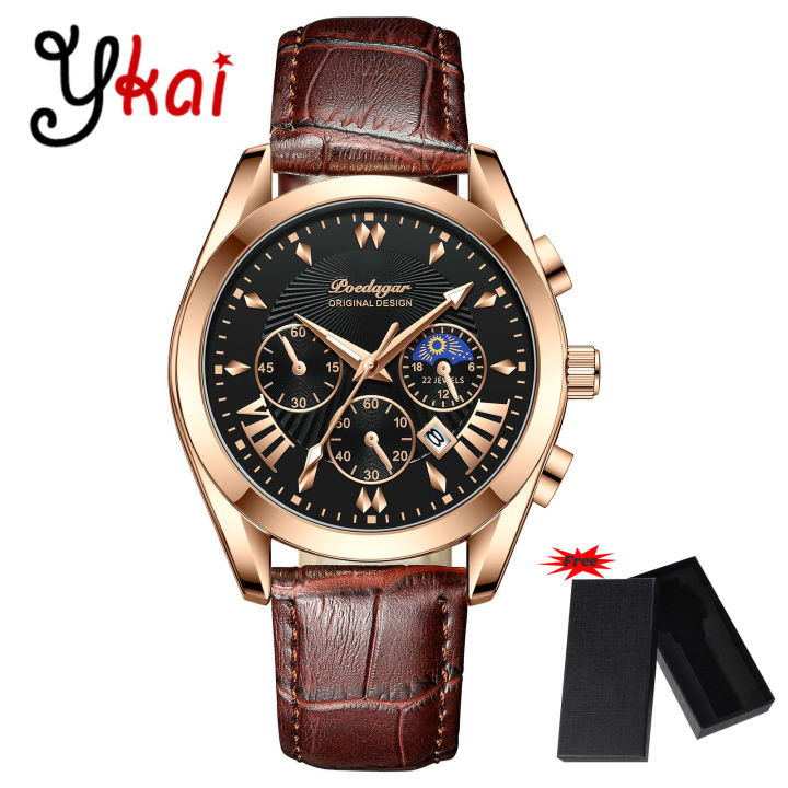 Ykai นาฬิกาแฟชั่นผู้ชายแบรนด์หรูชายธุรกิจส่องสว่างปฏิทินสายหนังควอตซ์ ...