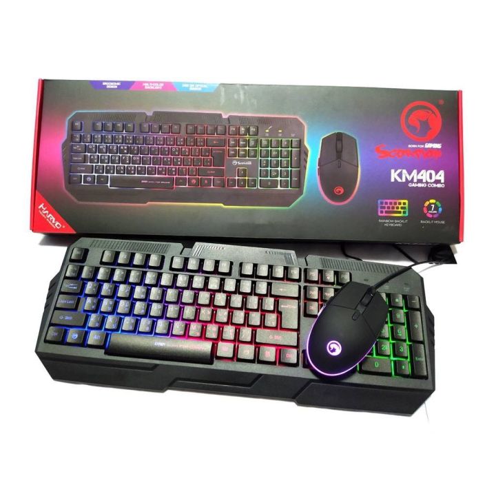 Marvo KM404 ชุดมีไฟ คีย์บอร์ด Rainbow และเมาส์6ปุ่มมีไฟ7สี USB Keyboard ...