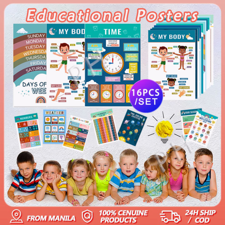 16pcs chart for kid educational set English letters Numbers Colours ...