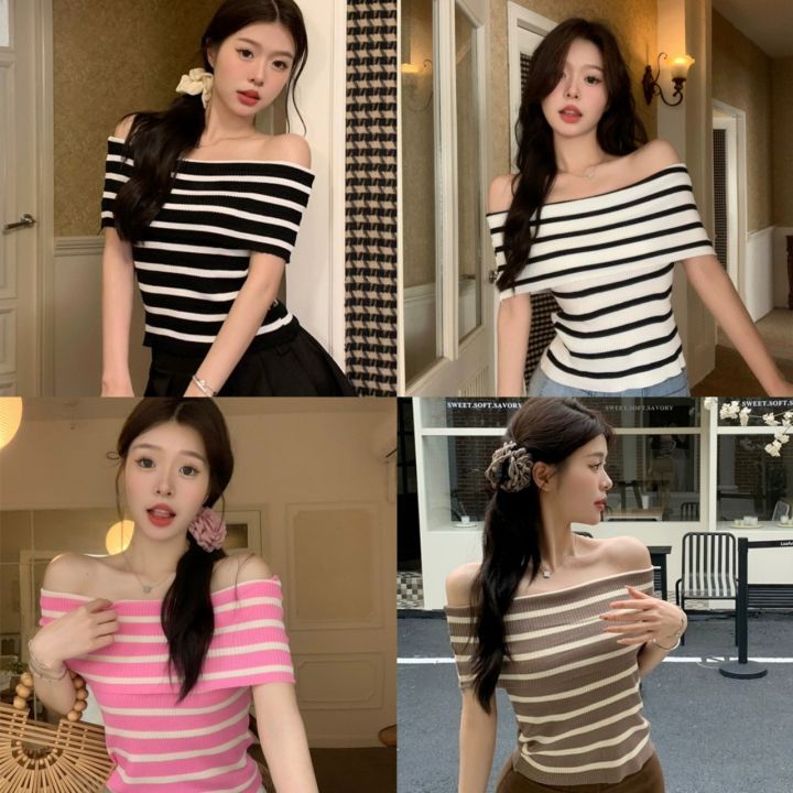 🐰 เสื้อเปิดไหล่ไหมพรม แขนสั้น ดีเทลลาบทาง4สี (95161) | Lazada.co.th