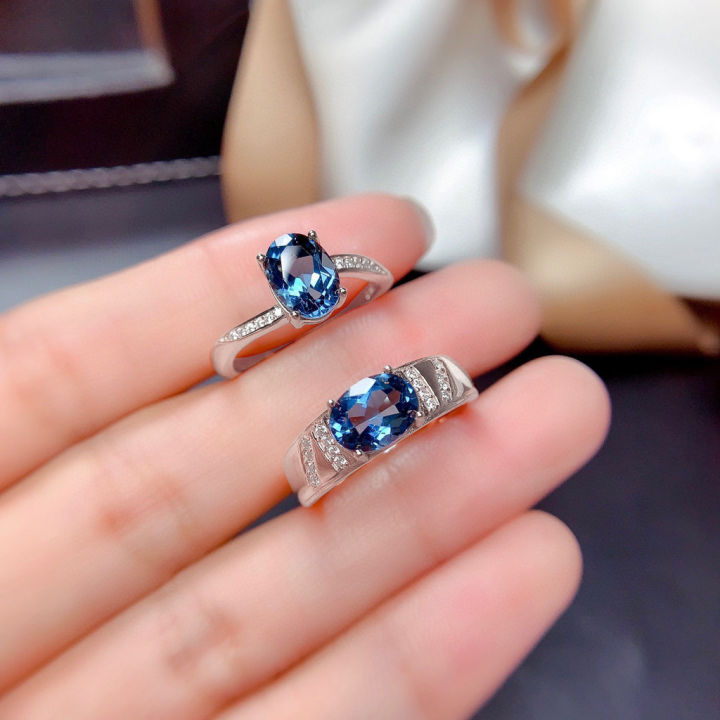 Women Men Ring S925 Silver Titanium Steel Blue Zircon Stone Crystal ...