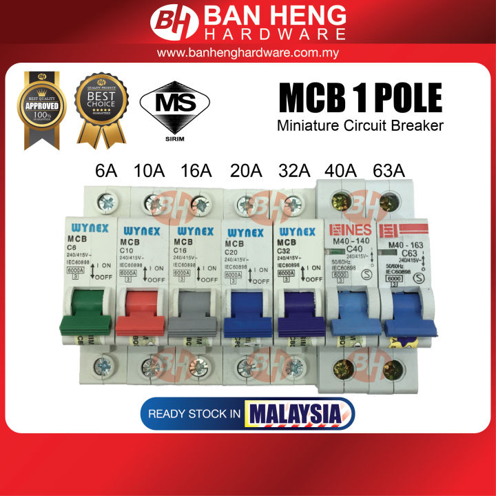 WYNEX/NES MCB 1 POLE 6A/10A/16A/20A/32A/40A/63A 6000A(Miniature Circuit ...