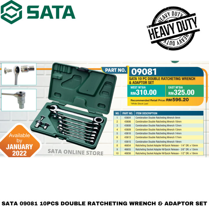 SATA 09081 10PCS DOUBLE RATCHETING WRENCH & ADAPTOR SET / RATCHET ...
