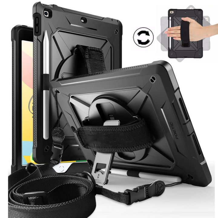 iPad Case with Pencil Holder/Shoulder Strap,360 Rotating Stand Hand ...