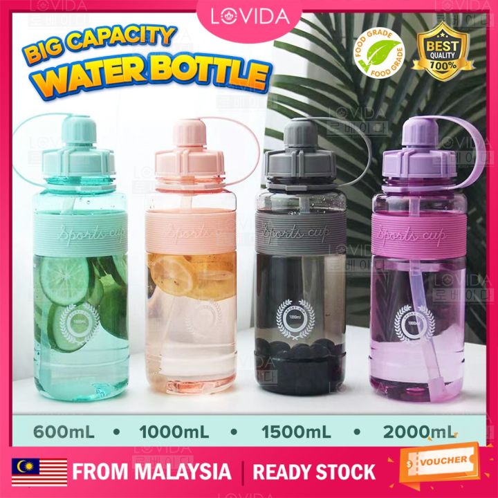 LOVIDA Malaysia 600ml/1000ML/1500ML/2000ML Portable Big Capacity BPA FREE Drinking Sports Water ...