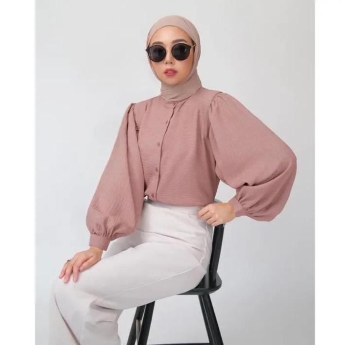 Cod Elza Blouse Korean Style Terbaru Lengan Puffly 3/4 Baju Kemeja Wanita Bahan Syakila Premium ...
