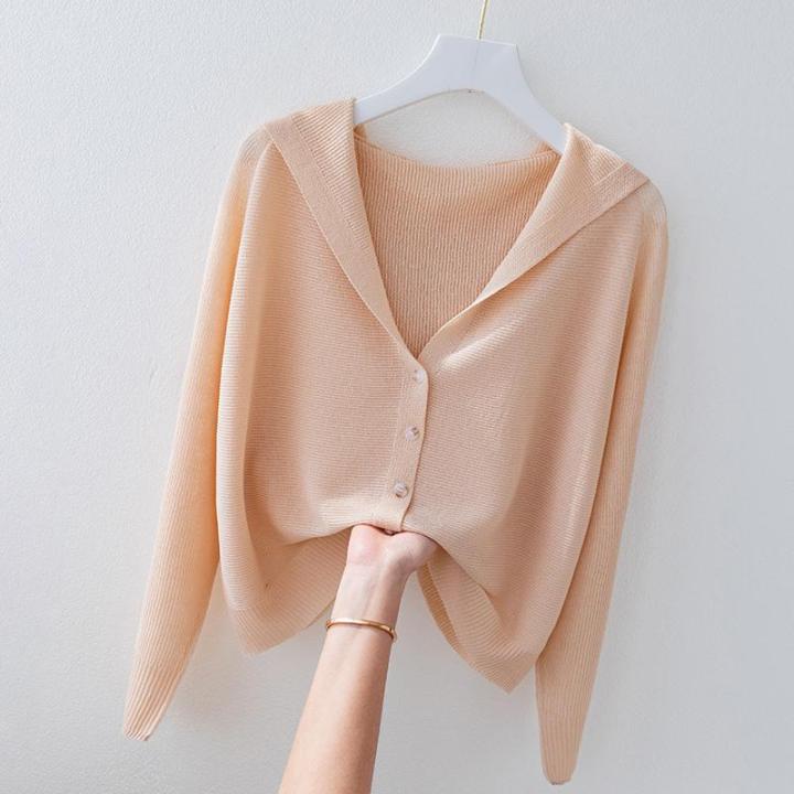 SHA[พิเศษเวลาจำกัด] 2022 เสื้อกันหนาวสเวตเตอร์ถักไหมพรมสำหรับสตรีฤดูร้อนแบบหลวมบางมีฮู้ดเสื้อ ...