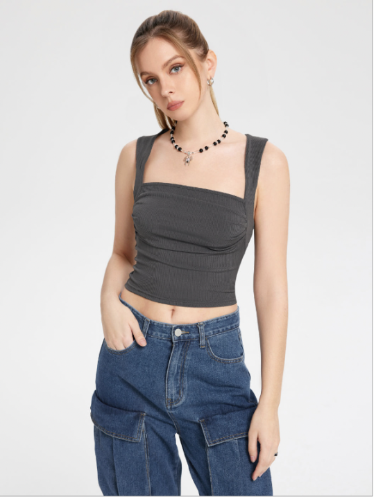Cider KPOP Solid Ruched Square Neck Crop Top | Lazada PH