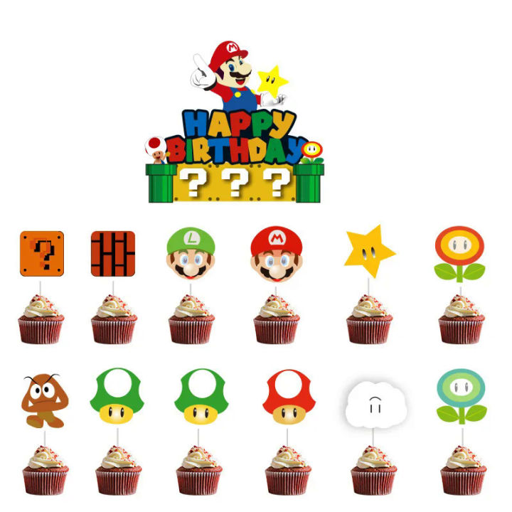 Super Mario Bro kanak-kanak kek masukkan cawan kertas masukkan bendera ...