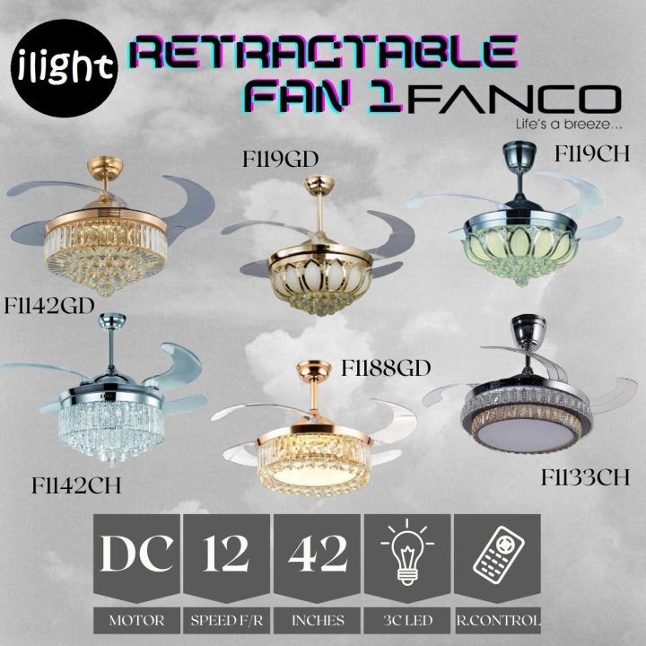 FANCO Retractable Ceiling Fan 42 Inches DC Motor with 3 Color LED Light ...