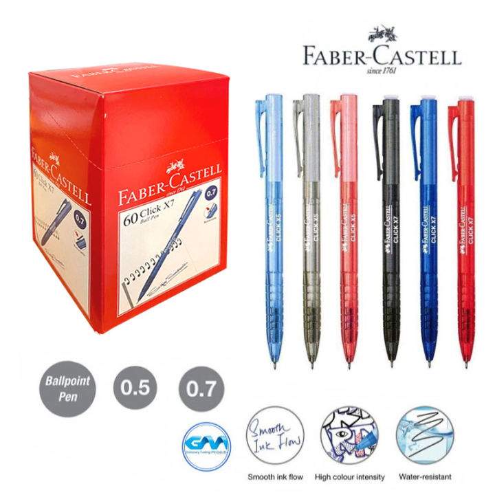 *Box of 60* Faber-Castell Click X5 0.5mm Pen / X7 0.7mm Pen / Black Blue Red / Stationery Ball ...