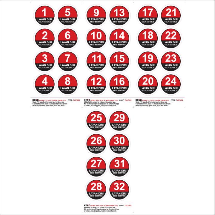 TABLE NUMBERS WITH SELF SERVICE, LAYAN DIRI SIGNS, NUMBER FROM 1 TO 32 ...