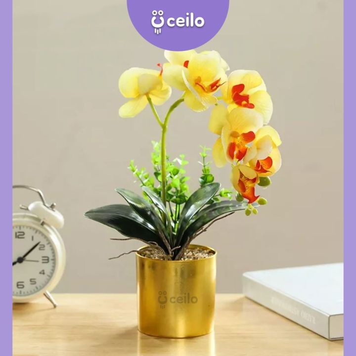 CEILO Bunga Anggrek Artificial Vas Gold Premium Elegant Bunga Imitasi ...